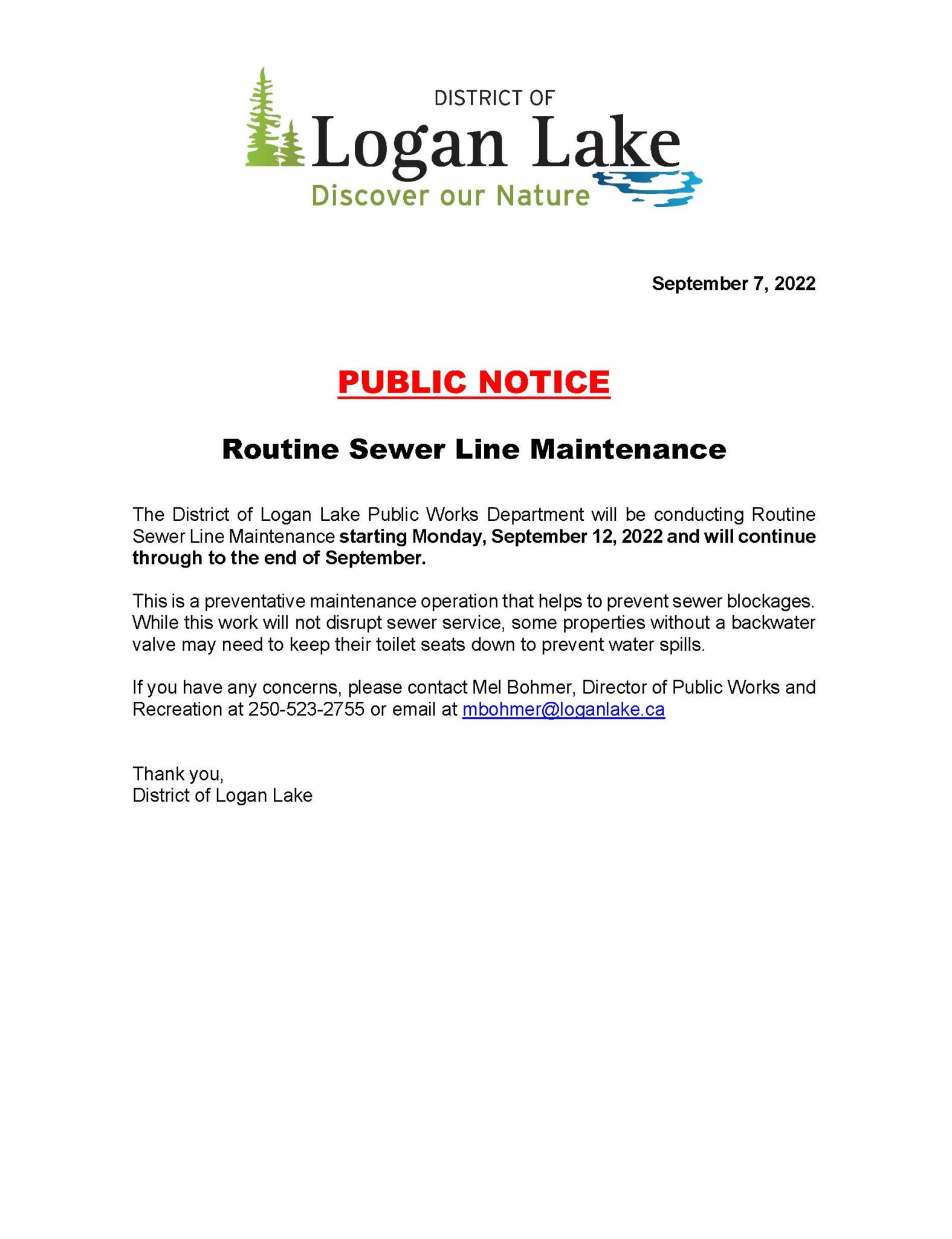 Public Notice – Routine Sewer Line Maintenance : District of Logan Lake