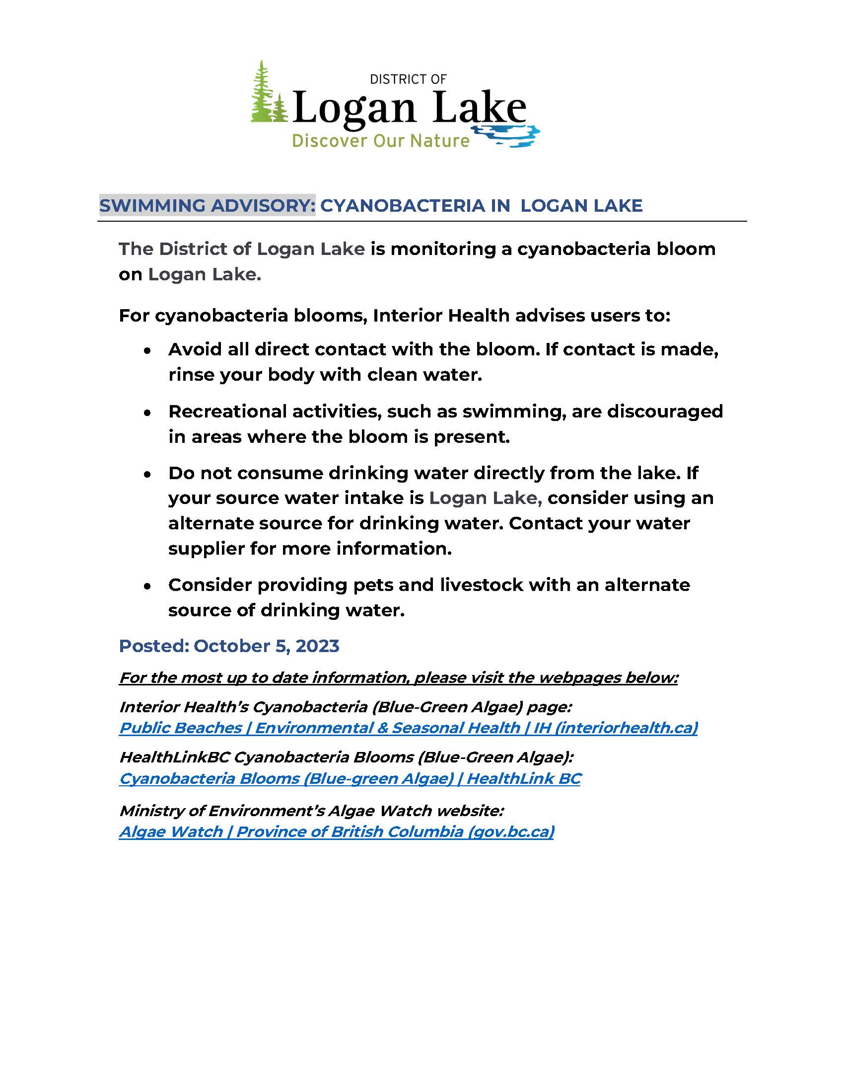 Swimming Advisory – Cyanobacteria in Logan Lake : District of Logan Lake
