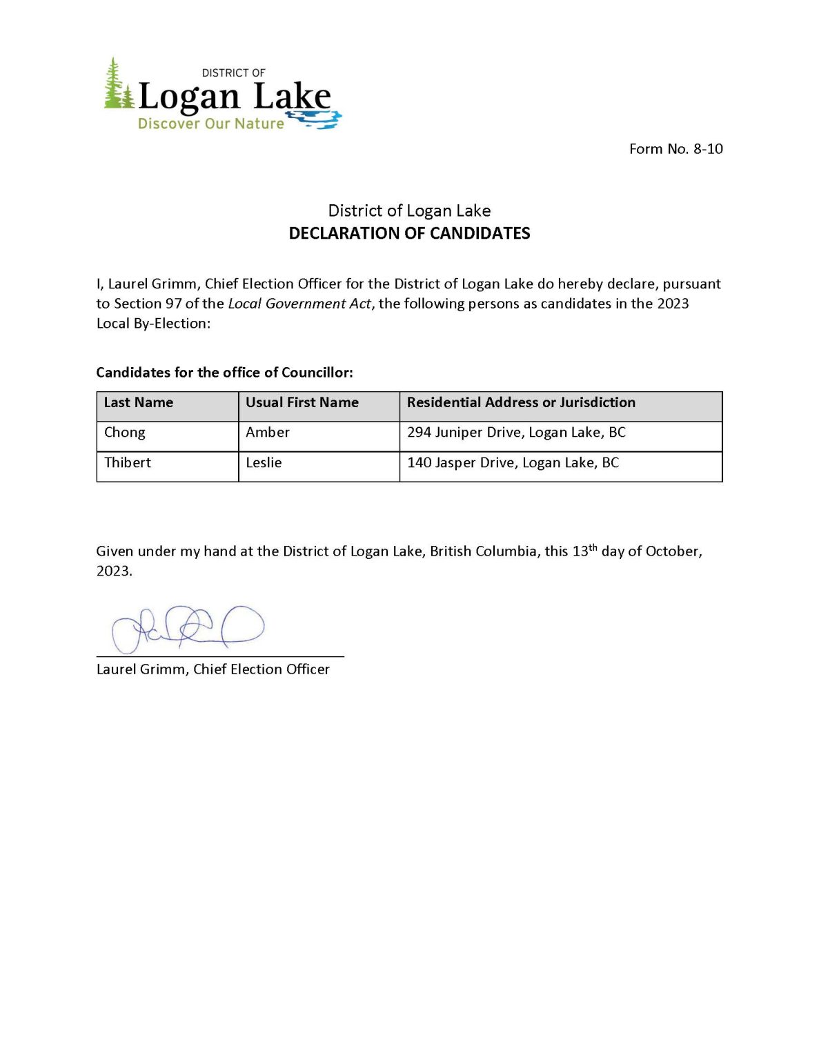 2023 By-election Notice: Declaration of Candidates : District of Logan Lake