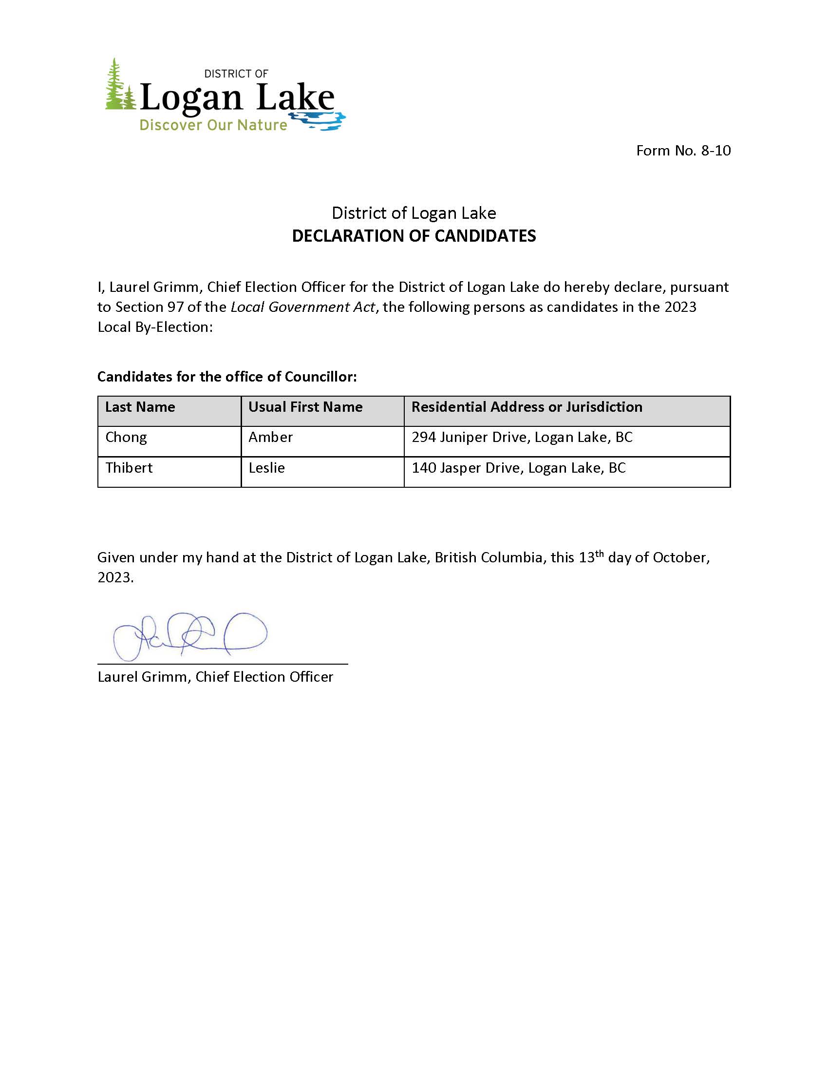 2023 By-election Notice: Declaration of Candidates : District of Logan Lake