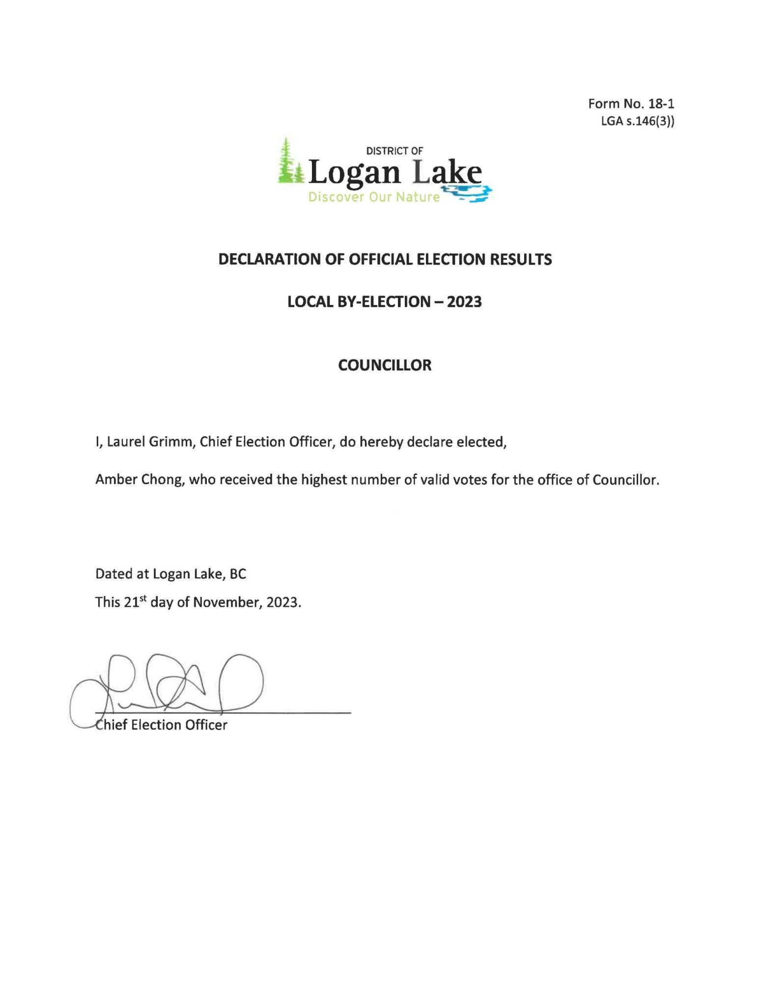 Declaration of Official Election Results : District of Logan Lake