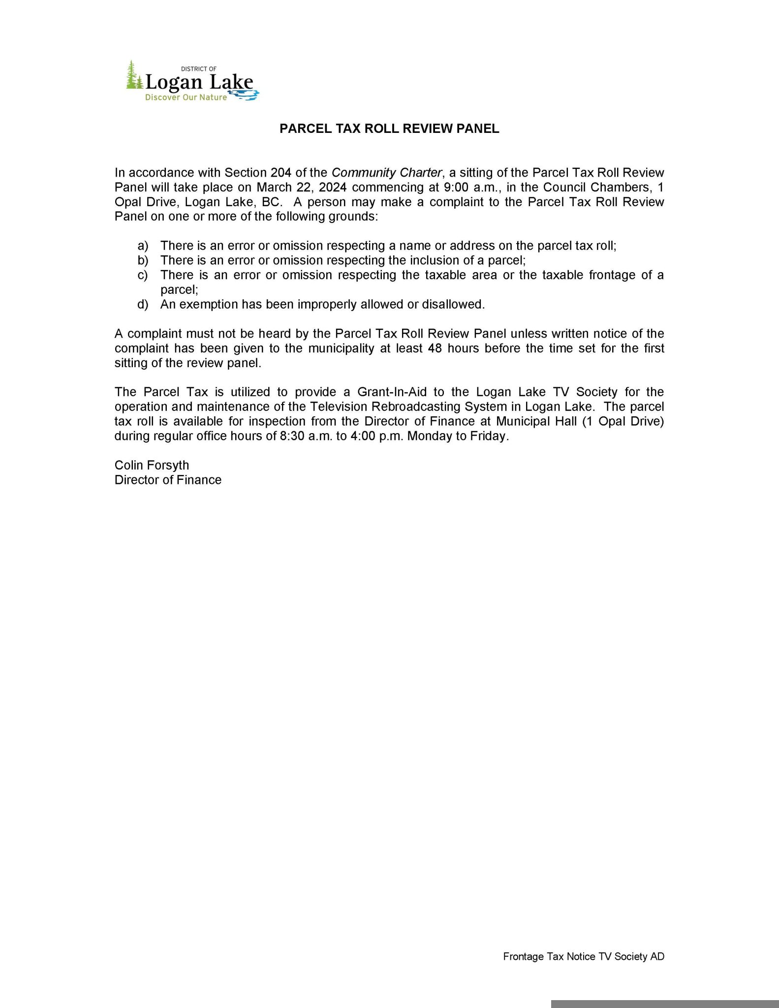 Parcel Tax Roll Review Panel : District of Logan Lake