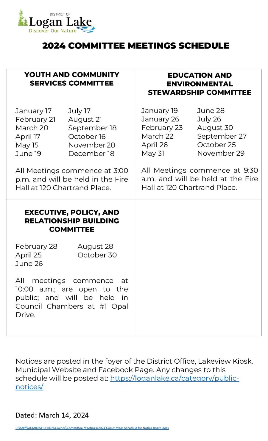 2024 Standing and Select Committee Schedules : District of Logan Lake