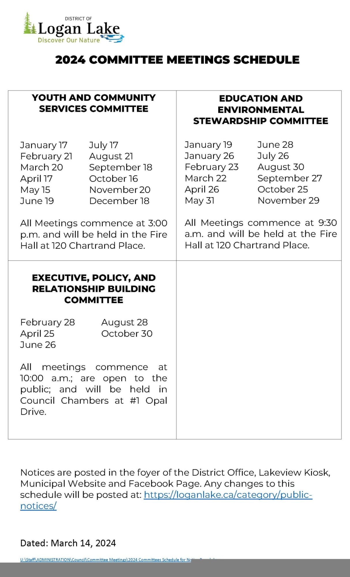 2024 Standing and Select Committee Schedules : District of Logan Lake