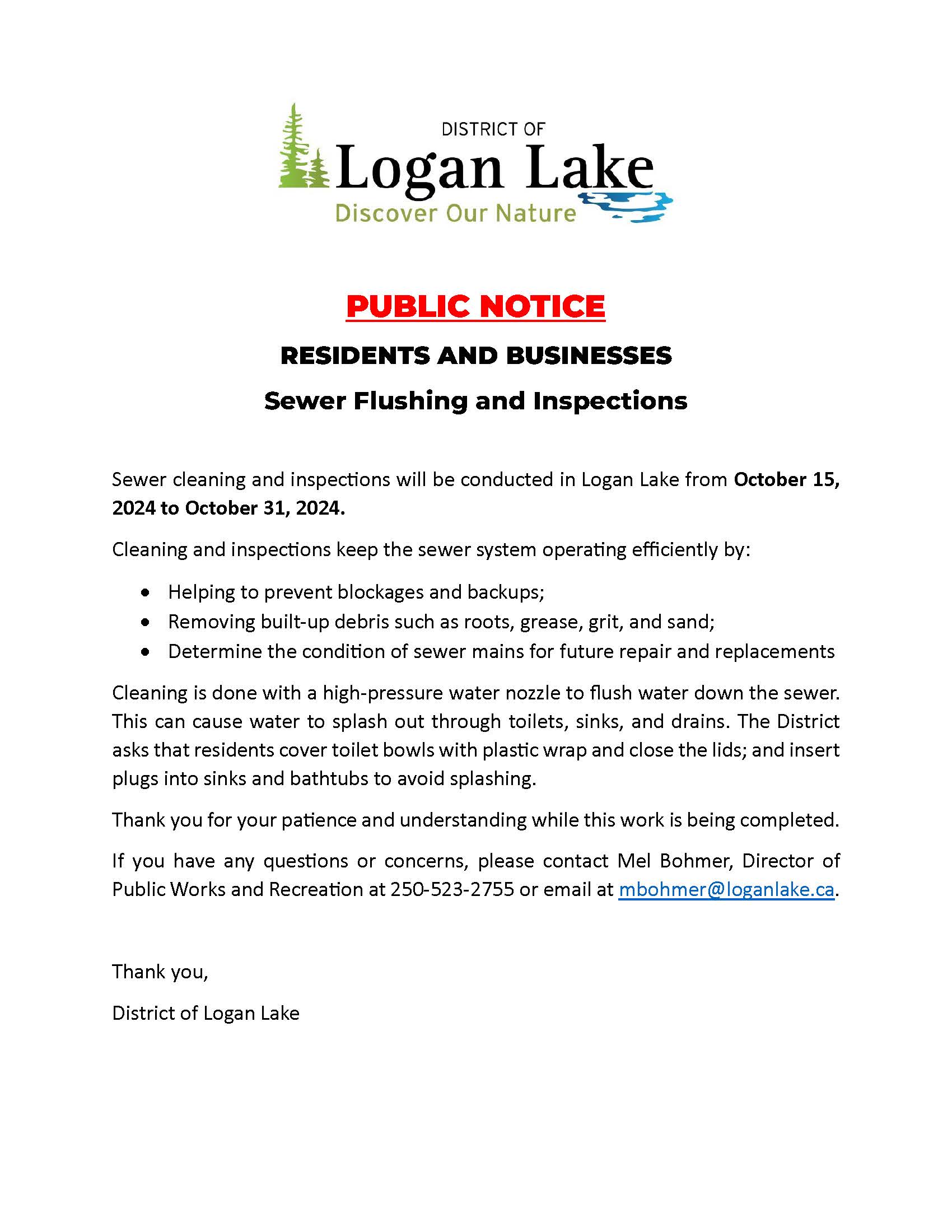Public Notice – Sewer Flushing and Inspections : District of Logan Lake