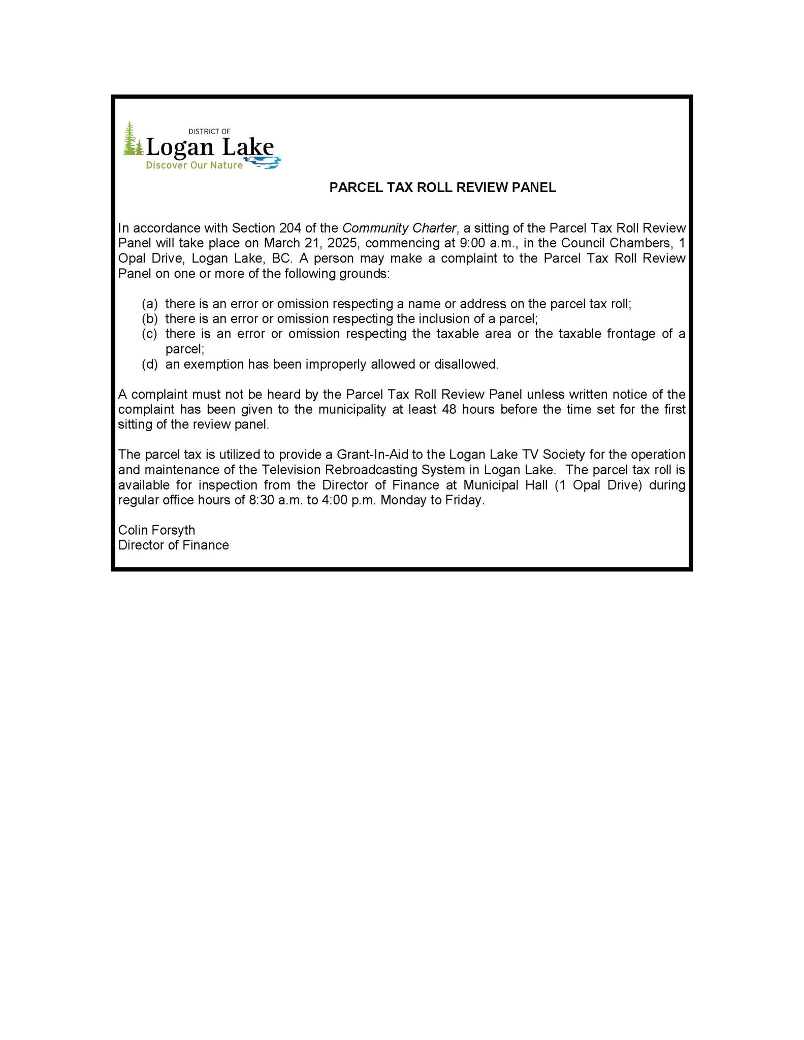 Parcel Tax Roll Review Panel : District of Logan Lake