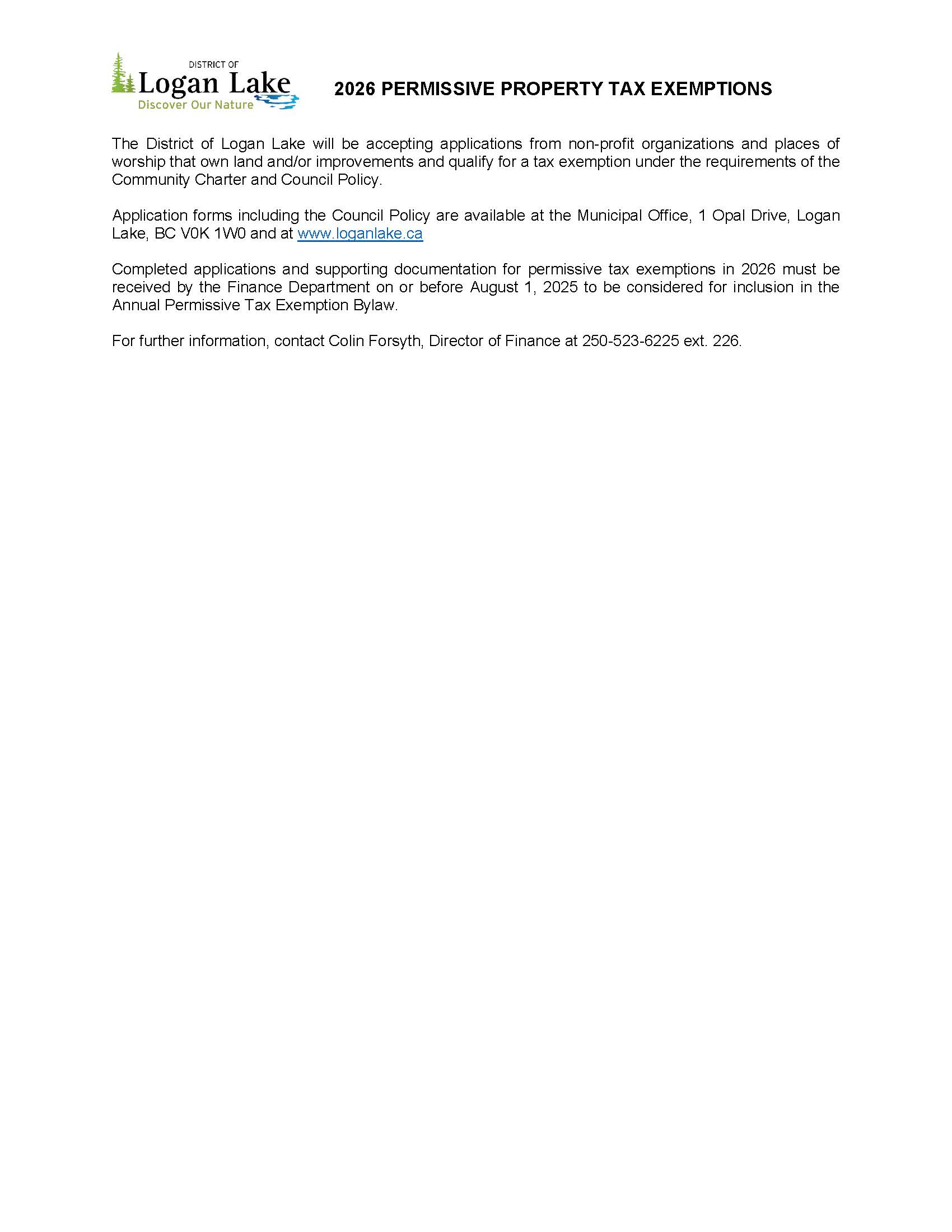 2026 Permissive Property Tax Exemptions : District of Logan Lake
