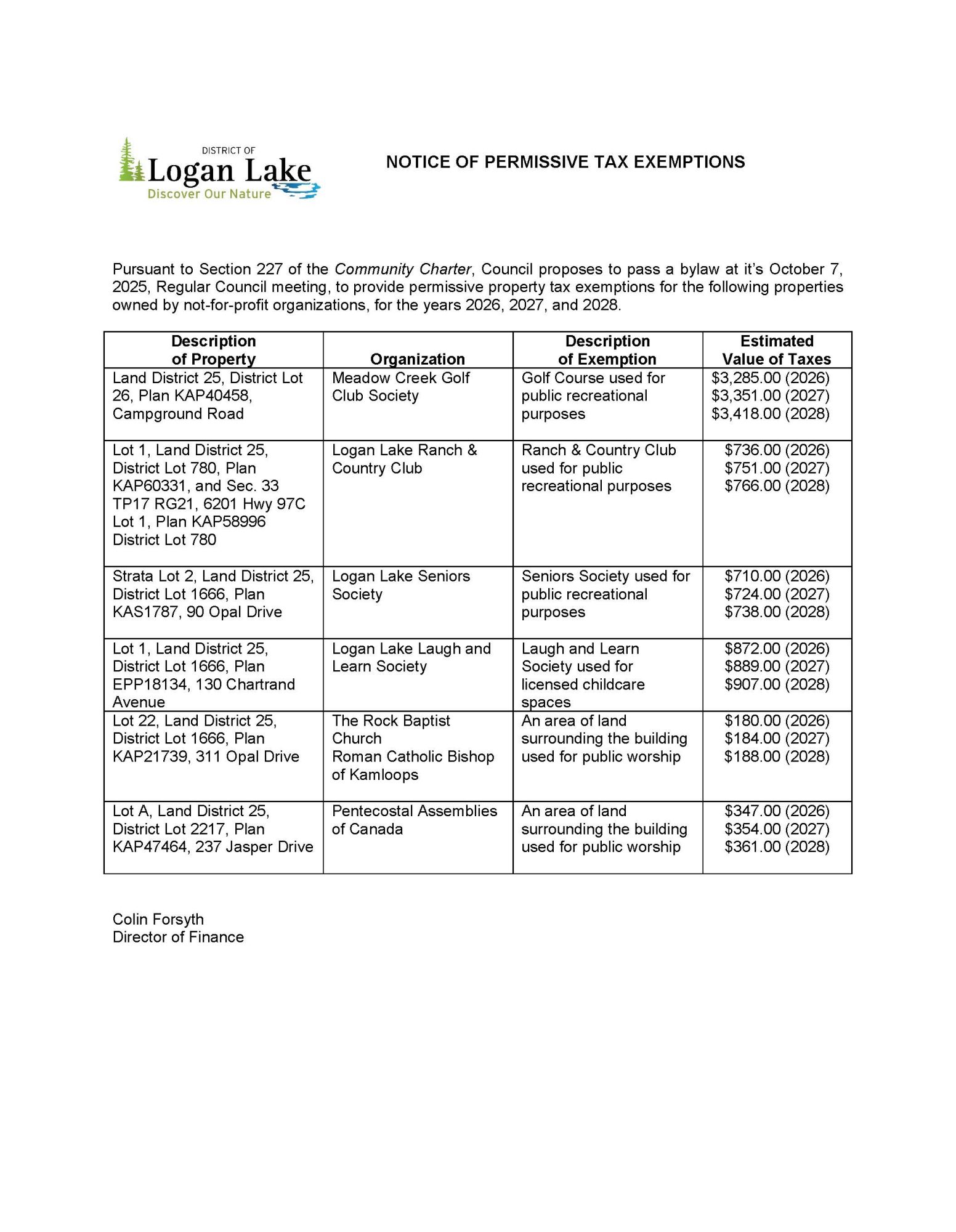 Notice of Permissive Tax Exemptions : District of Logan Lake