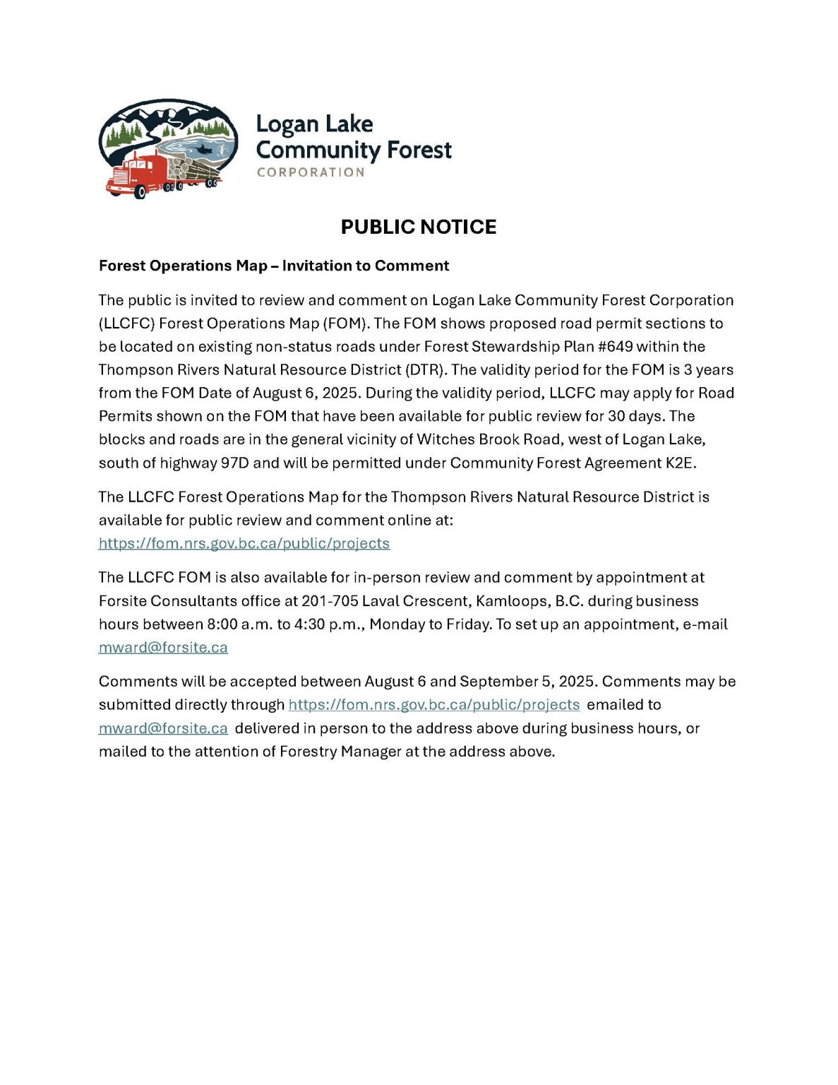 Logan Lake Community Forest – Public Notice : District of Logan Lake